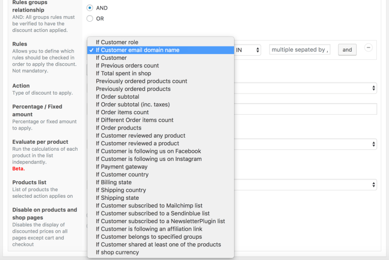 How to create a woocommerce discount based on the email domain?