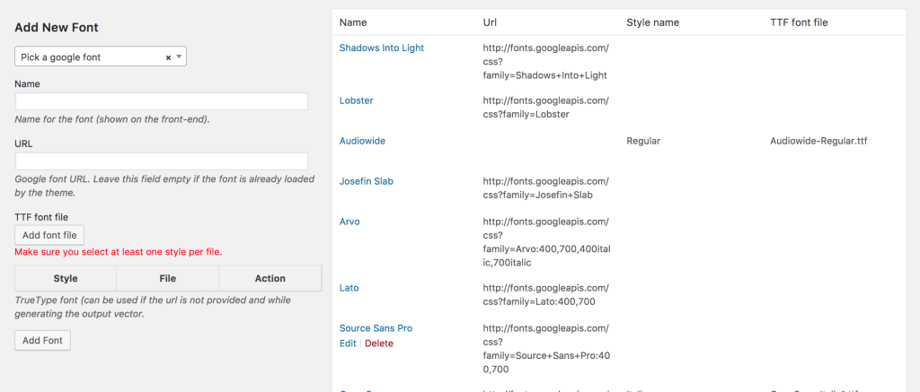 fonts management screen - Orion Origin